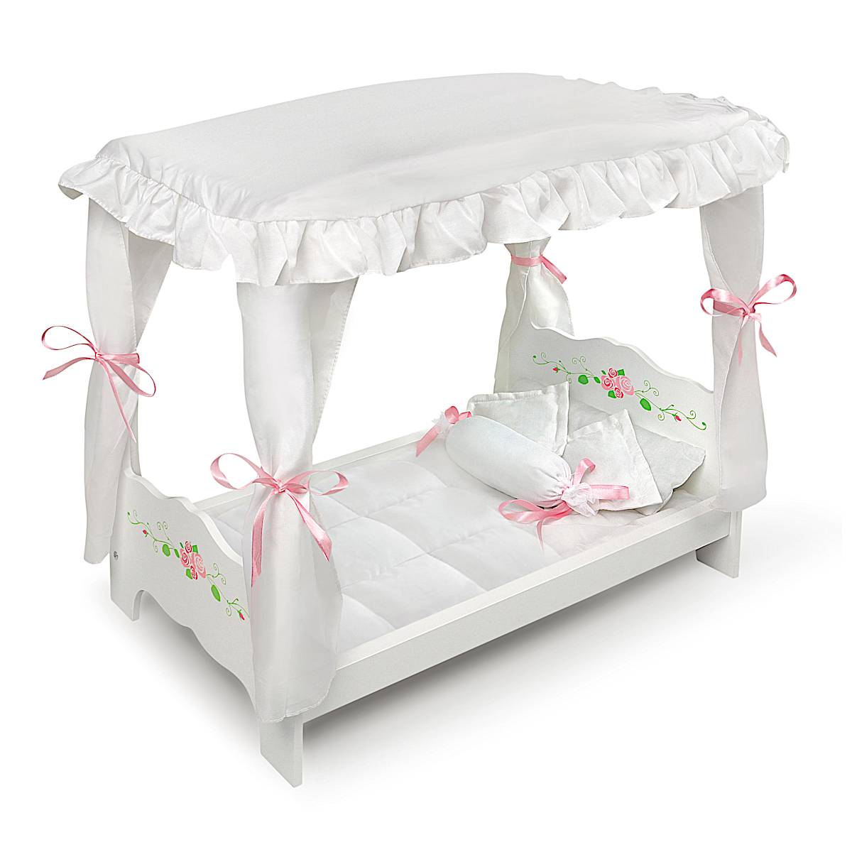 Arched Canopy Doll Bed With White Bedding And Matching Fabric-Wrapped Posts And Fits Dolls Up To 20
